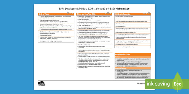 Development Matters Maths Statements: Birth-Reception & ELGs