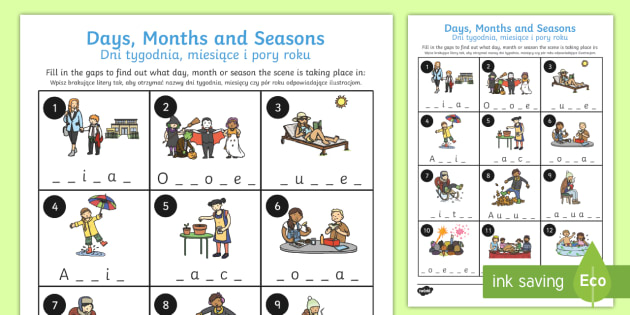 Days, Months and Seasons Missing Letters Worksheet / Worksheet English ...