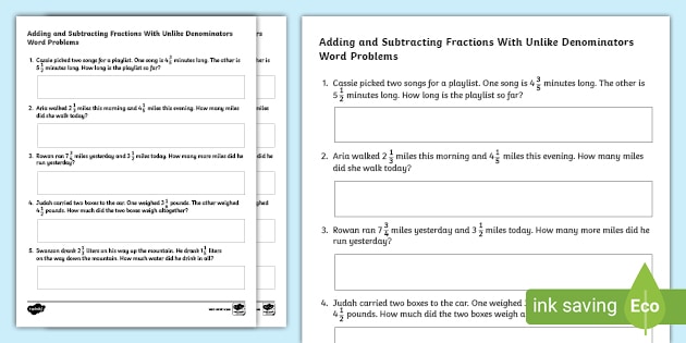 Adding And Subtracting Fractions With Unlike Denominators Worksheets