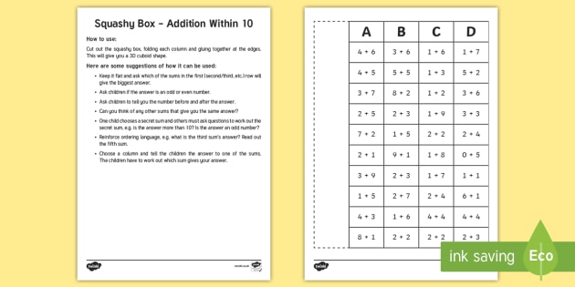 Squashy Box Addition Within 10 Craft - Mental Maths Warm Up + Revision