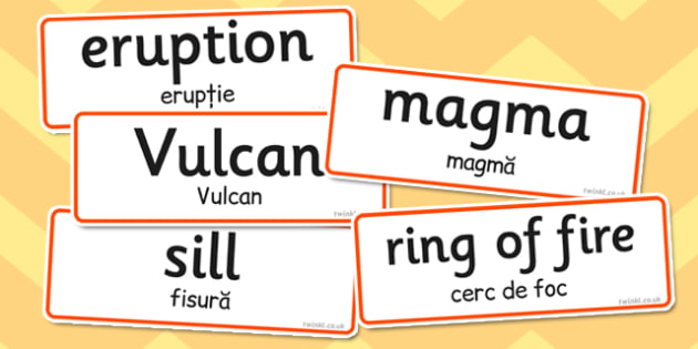 Volcano Word Cards Romanian Translation (teacher made)