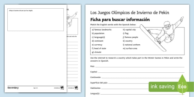 Winter Olympics 2018 Research with Support Worksheet / Worksheet Spanish