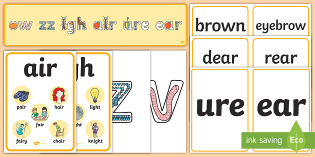 ow, zz, igh, air, ure, ear Phonics Display Pack - Phonics, mdgock, Sounds