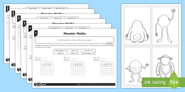 Differentiated Two-Digit Numbers Division Monster Worksheet / Worksheet