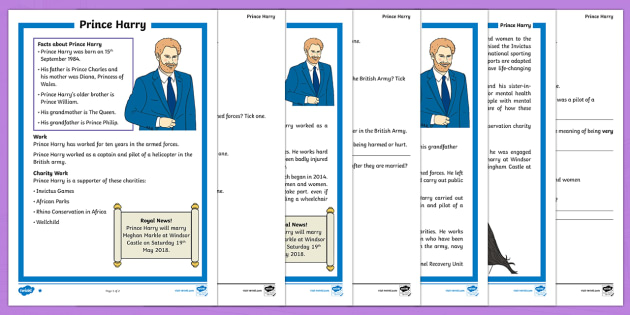 KS1 Prince Harry Differentiated Reading Comprehension Activity