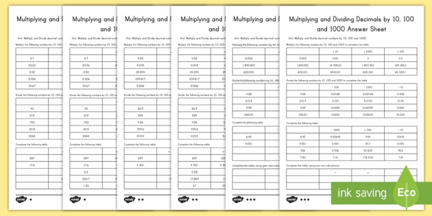 Multiplying And Dividing Decimals By 10 100 And 1000