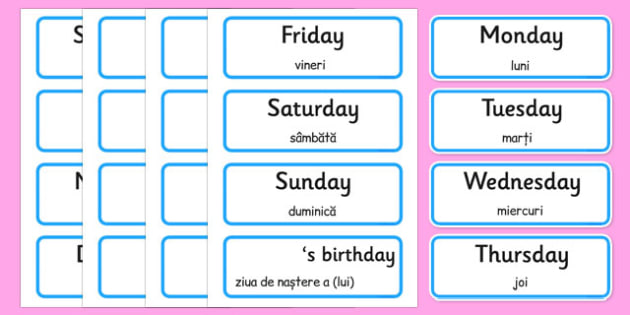 Days of the Week, Months of the Year Labels Romanian Translation