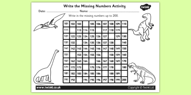 Dinosaurs Themed Missing Numbers Number Square 100-200 - numbers