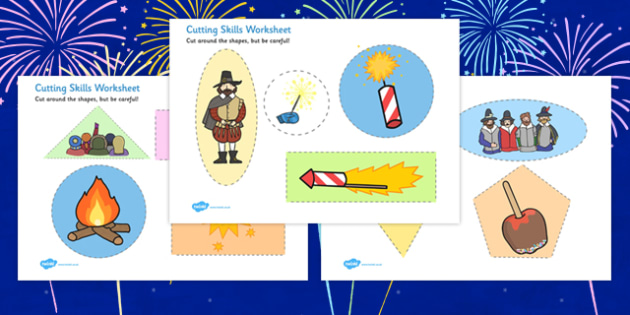 Bonfire Night Themed Cutting Skills Worksheet - fine motor skills