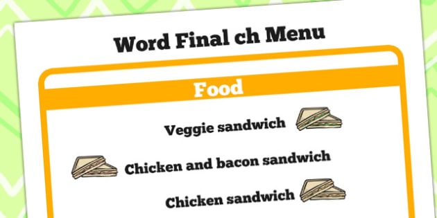 Word Final ch Menu (teacher made)