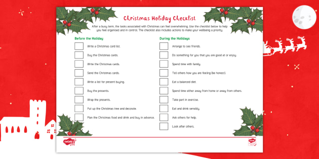 Staff Wellbeing Christmas Holiday Checklist (teacher made)