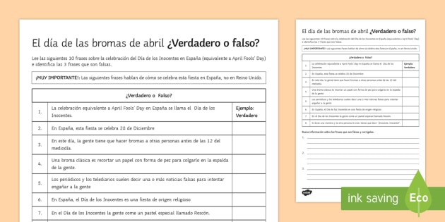 April Fools' Day True or False? Worksheet / Worksheet Spanish