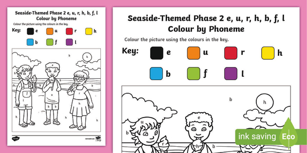 Seaside-Themed e, u, r, h, b, f, l Colour by Phoneme