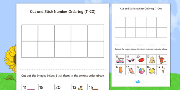 Summer Themed Cut and Stick Number Ordering Sheets 11-20