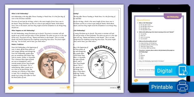 Third Grade Ash Wednesday Reading Comprehension Activity