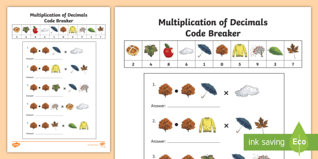 Autumn-Themed Multiplication of Decimals Code Breaker Activity