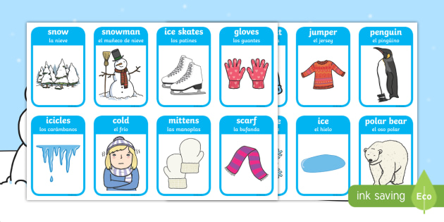 Winter Words and Pictures Flashcards - English / Spanish - Winter Words and