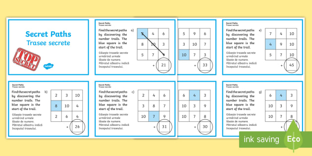 Secret Addition Number Paths Challenge Cards English/Romanian - Secret