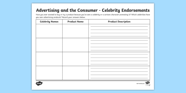 Advertising and the Consumer - Celebrity Endorsement Worksheet