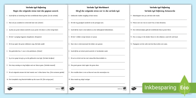 Verlede Tyd Werkkaarte | Skryf sinne in die verlede tyd