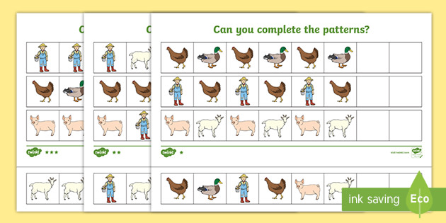 Farm Themed Differentiated Complete the Pattern Worksheet - farms
