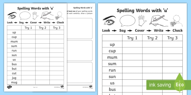 'u' Spelling List Worksheets