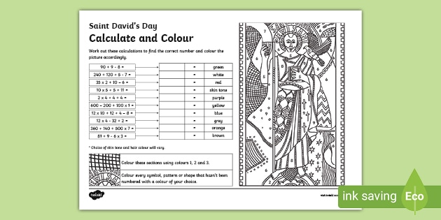 Saint David’s Day Calculate and Colour (teacher made)
