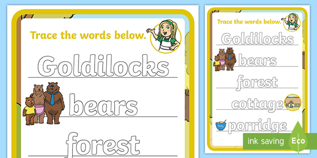 Goldilocks and the Three Bears Topic Word Tracing Sheet