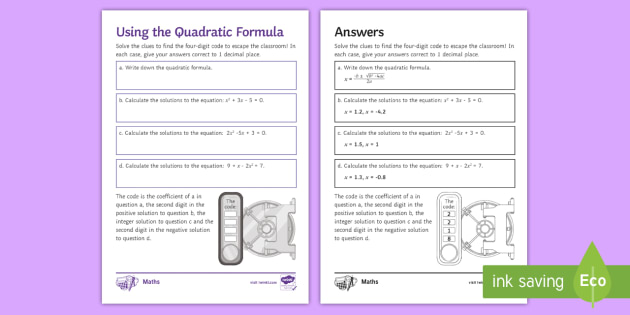 GCSE Escape the Room: Quadratic Formula Challenge Card