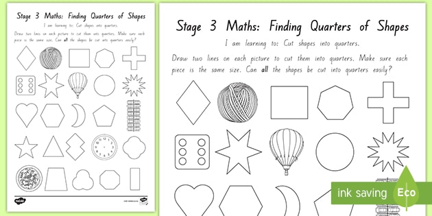 Stage 3 Maths Finding Quarters of Shapes Worksheet