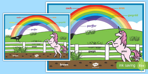 Beautifully Illustrated Rainbow Colours Welsh A2 Display Poster