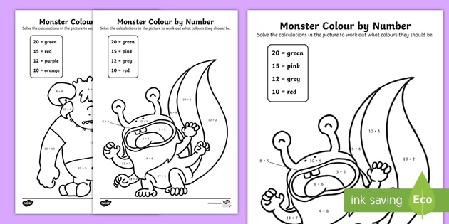 Monsters Colour by Number Addition up to 20 Worksheet