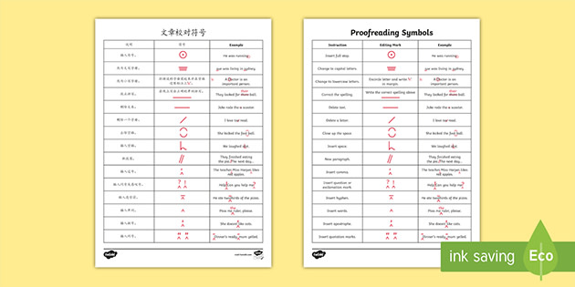 Proofreading Symbols Guide English/Mandarin Chinese