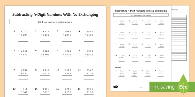 Subtracting 4 Digit Numbers With No Exchanging
