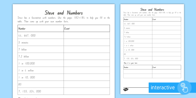 FREE! - Steve and Numbers Worksheet / Worksheet to Support Teaching on ...