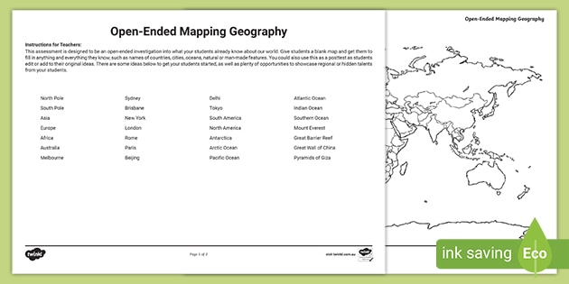 Open-Ended Mapping Geography Assessment Sheet (teacher made)