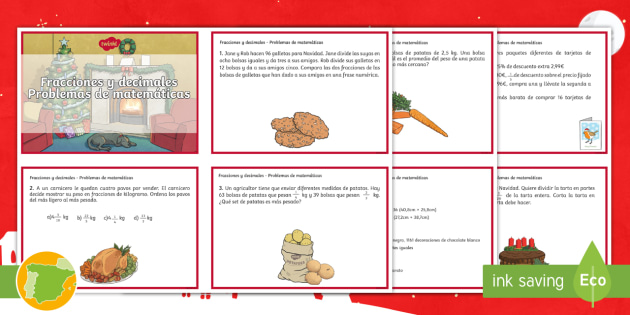 Tarjetas de desafío: Fracciones y decimales - La Navidad