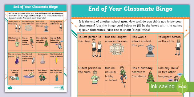 End of Year Classmate Bingo Activity