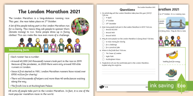 KS1 The London Marathon Differentiated Reading Comprehension Activity