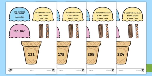 Place Value Ice Cream Cone Matching Activity English/German