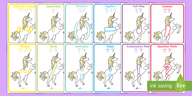 Punctuation Unicorns Display Poster English/Mandarin Chinese/Pinyin