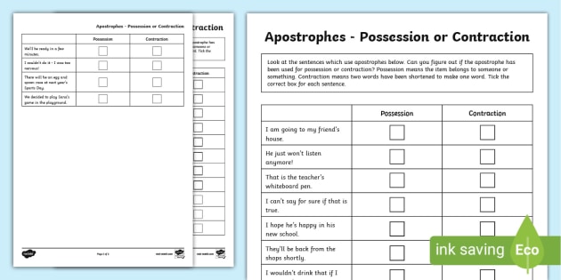 Apostrophes - Possession or Contraction Worksheet | English