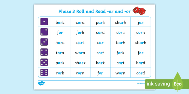 Phase 3 'ar' and 'or' Phoneme Roll and Read Mat