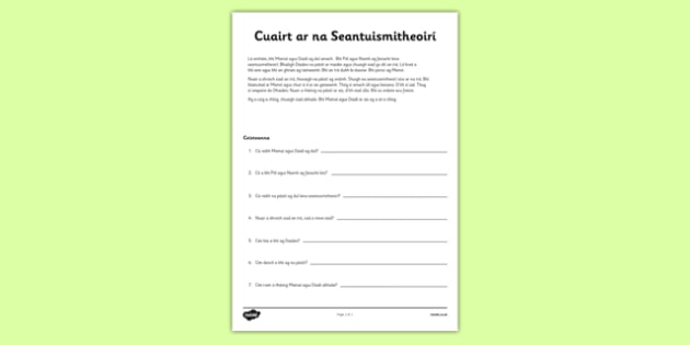 Cuairt ar na Seantuismitheoirí Comprehension Worksheet Gaeilge