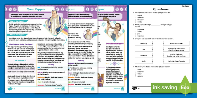 LKS2 Yom Kippur Reading Comprehension Activity - Twinkl