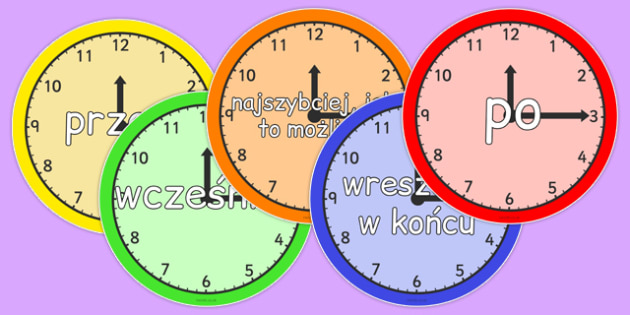 Przyimki czasu na zegarze po polsku