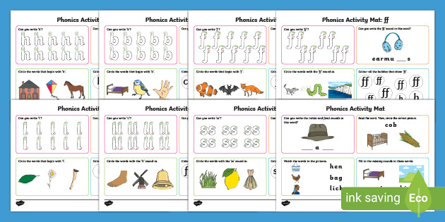 Kindergarten Phase 2 h, b, f, ff, l, ll, ss Phonics Activity Mats
