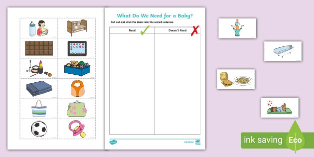 What does a baby need? Cut and Stick Activity (teacher made)
