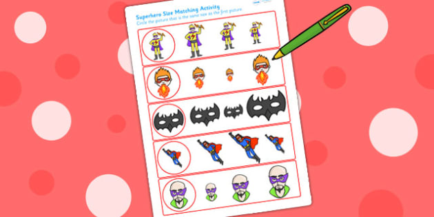Superhero Themed Size Matching Worksheet