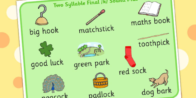 Two Syllable Final K Sound Word Mat (teacher made)